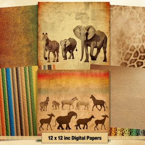 Printable Kraft Rainbow Safari Digital Papers, African Animals Pages ...