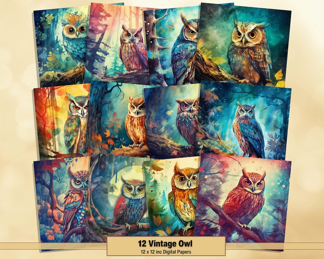 Printable Vintage Owl Digital Papers, Forest Owl Pages, Woodland ...