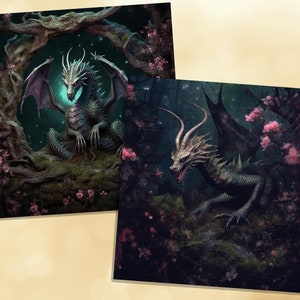 Printable Forest Dragon Digital Papers, Dark Forest Pages, Dragon ...