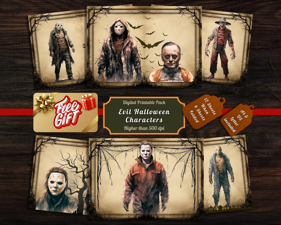 Printable Evil Halloween Characters Digital Papers, Horror Halloween ...