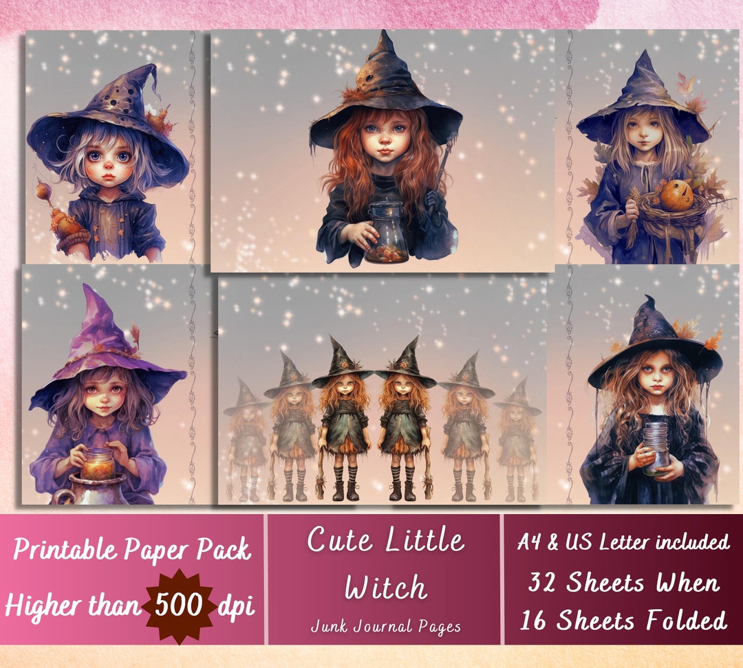 Printable Cute Little Witch Digital Paper, Witchy Ephemera, Witchcraft ...