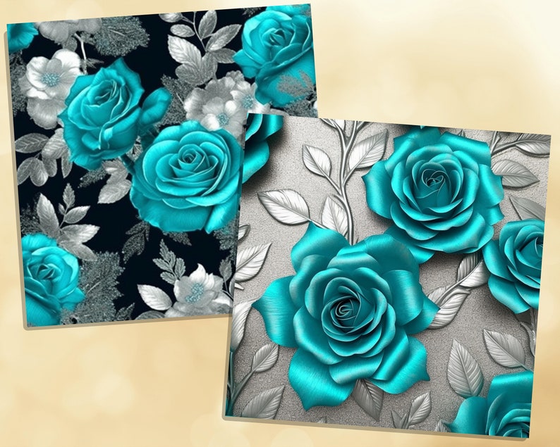 Printable Teal and Silver Floral Digital Papers, Turquoise Rose Page ...