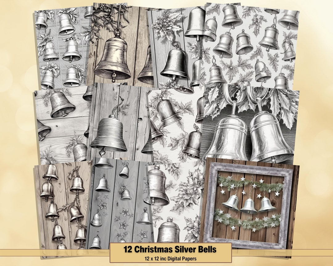Printable Christmas Silver Bells Digital Papers, Xmas Bells Pages ...
