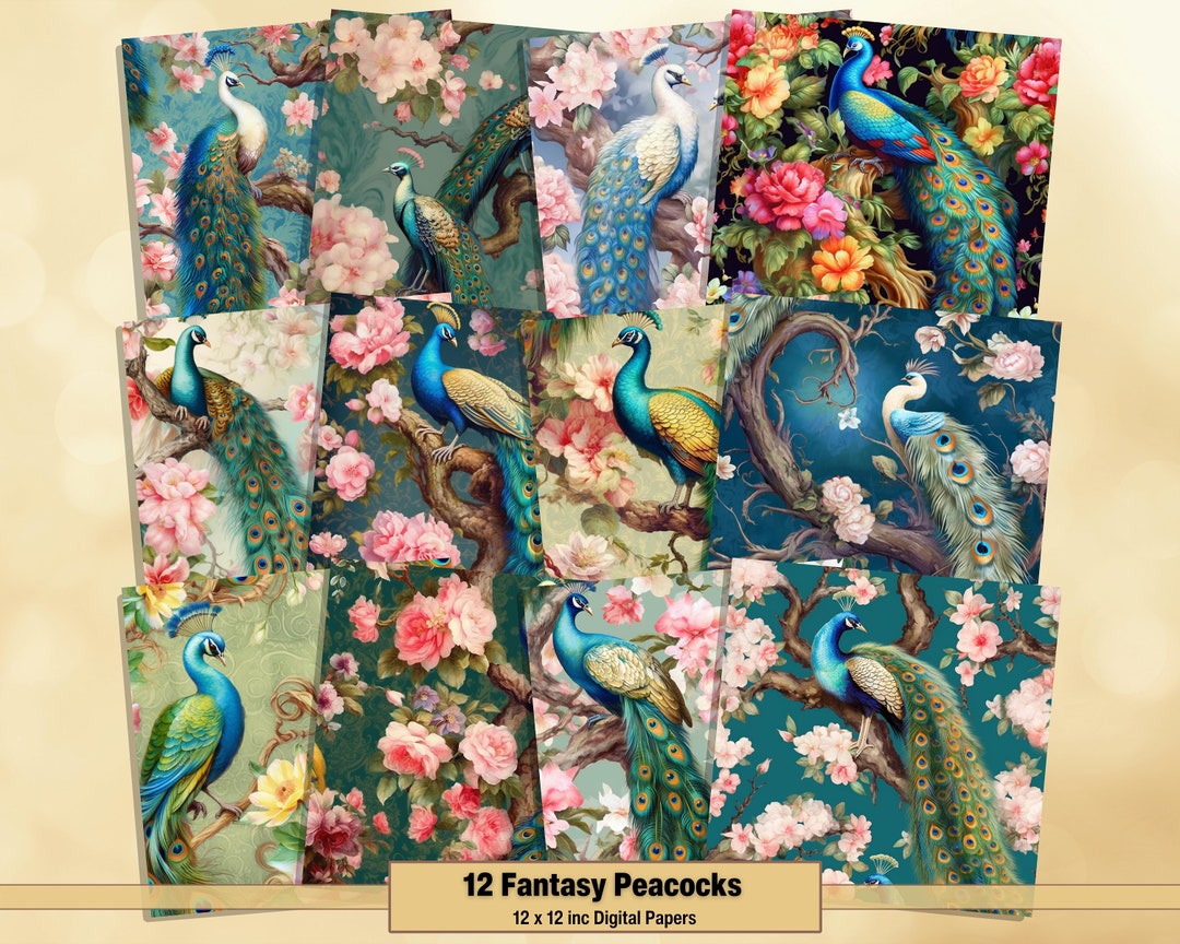 Printable Fantasy Peacocks Digital Papers, Peacock Feather Pages ...