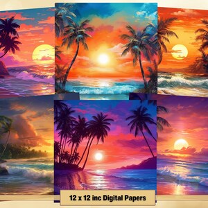Printable Sunset Beach Digital Papers, Summer Beach Pages, Ocean Palm ...