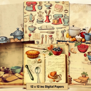 Printable Vintage Cooking Kitchen Digital Paper, Cookbook Pages ...