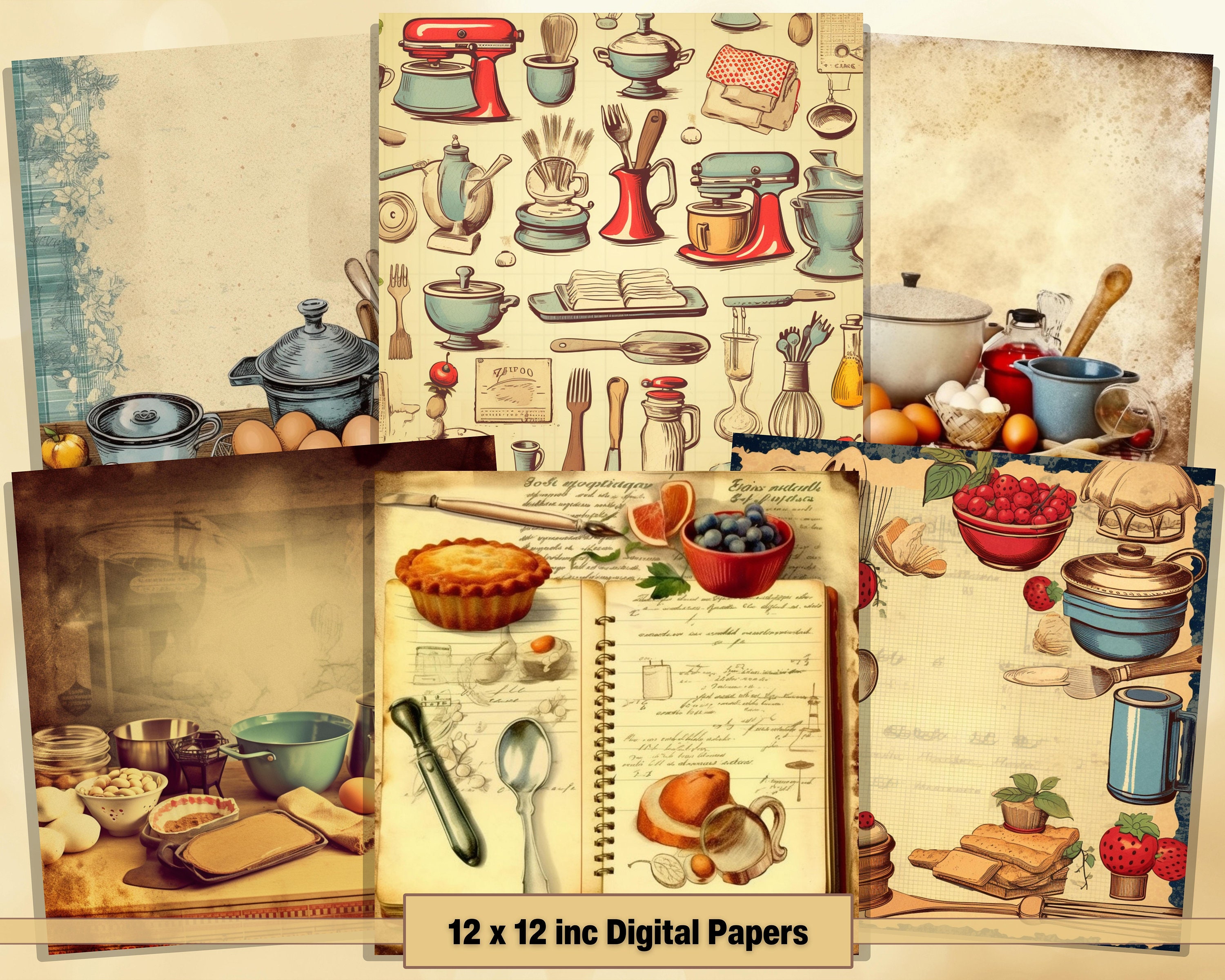 Printable Vintage Cooking Kitchen Digital Paper, Cookbook Pages ...