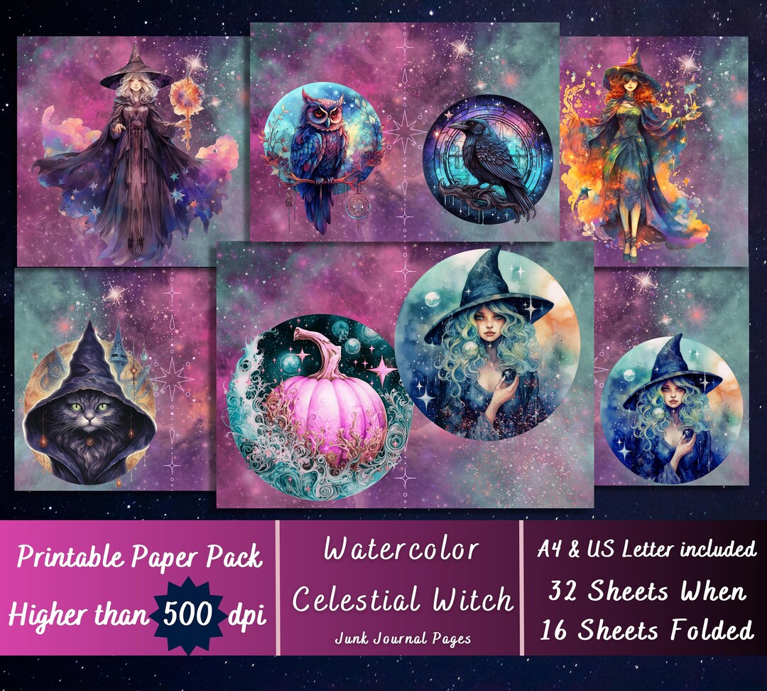 Printable Watercolour Celestial Witch Digital Paper, Witchy Ephemera ...
