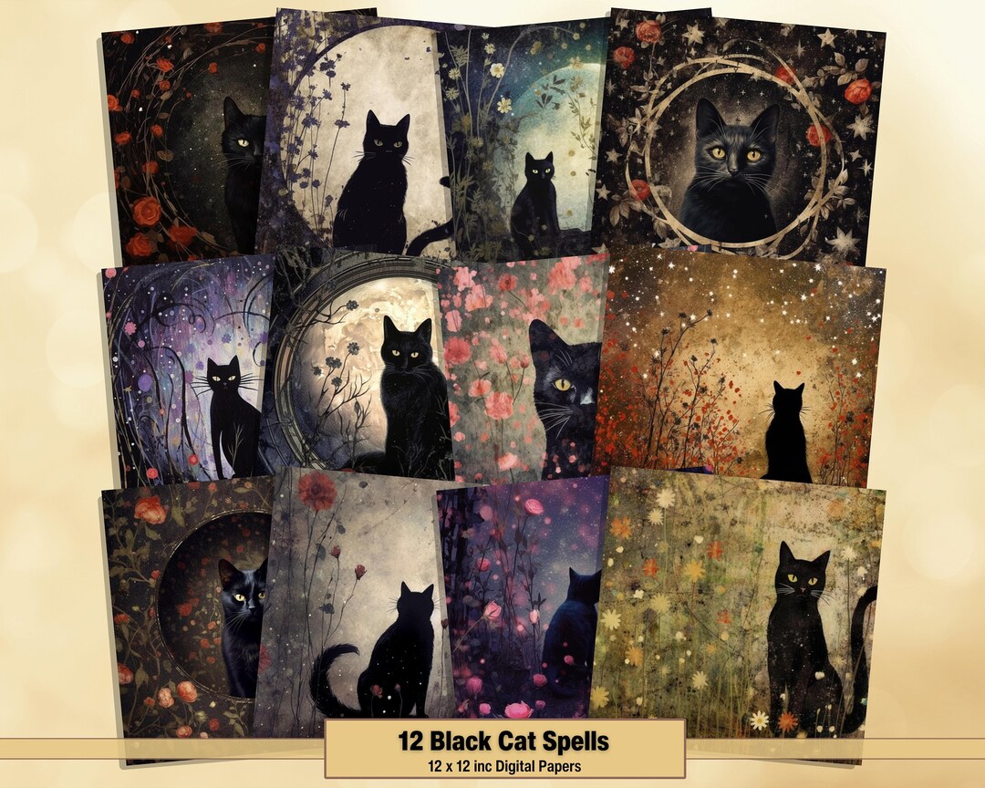 Printable Black Cat Spells Digital Papers, Witch Cats Page, Background ...