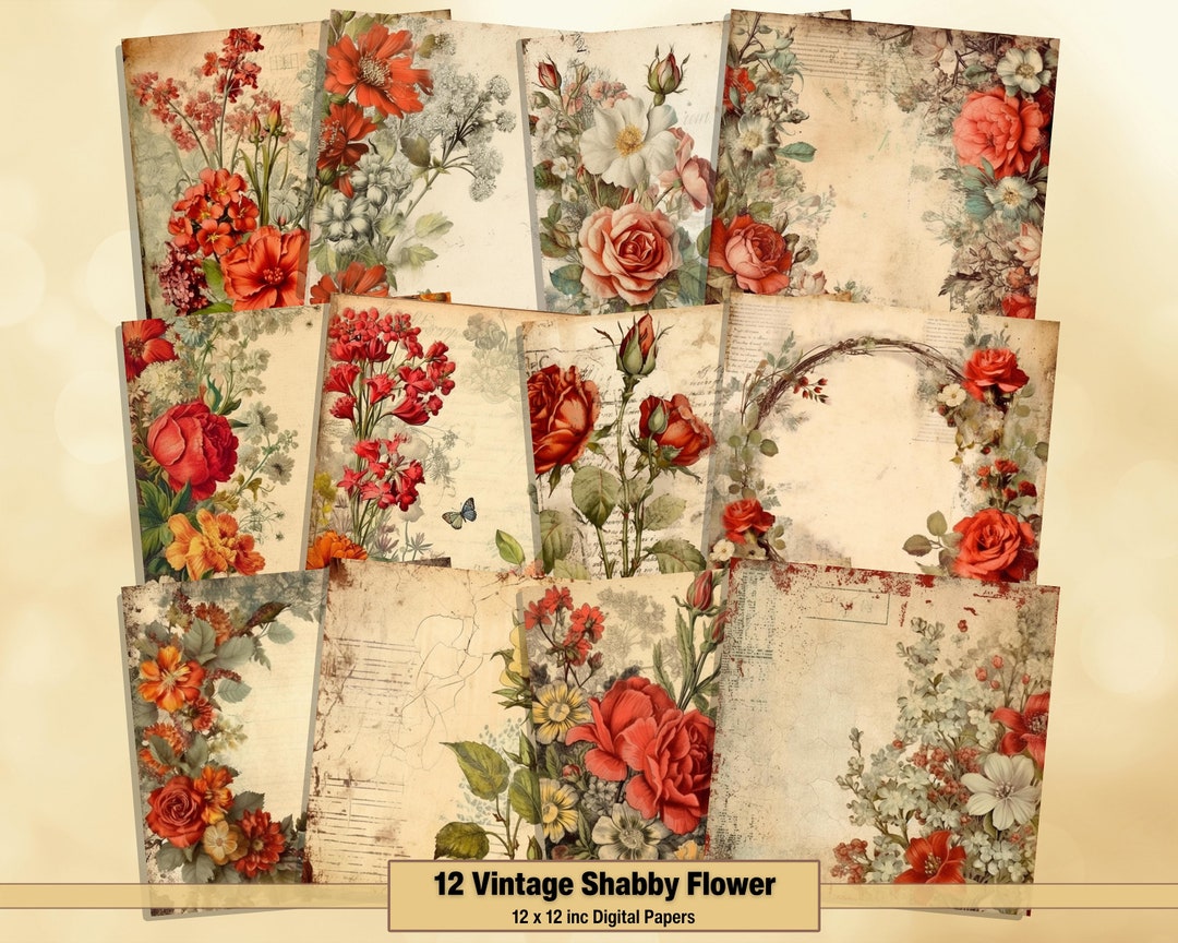 Printable Shabby Flowers Digital Papers, Distressed Pages, Background ...