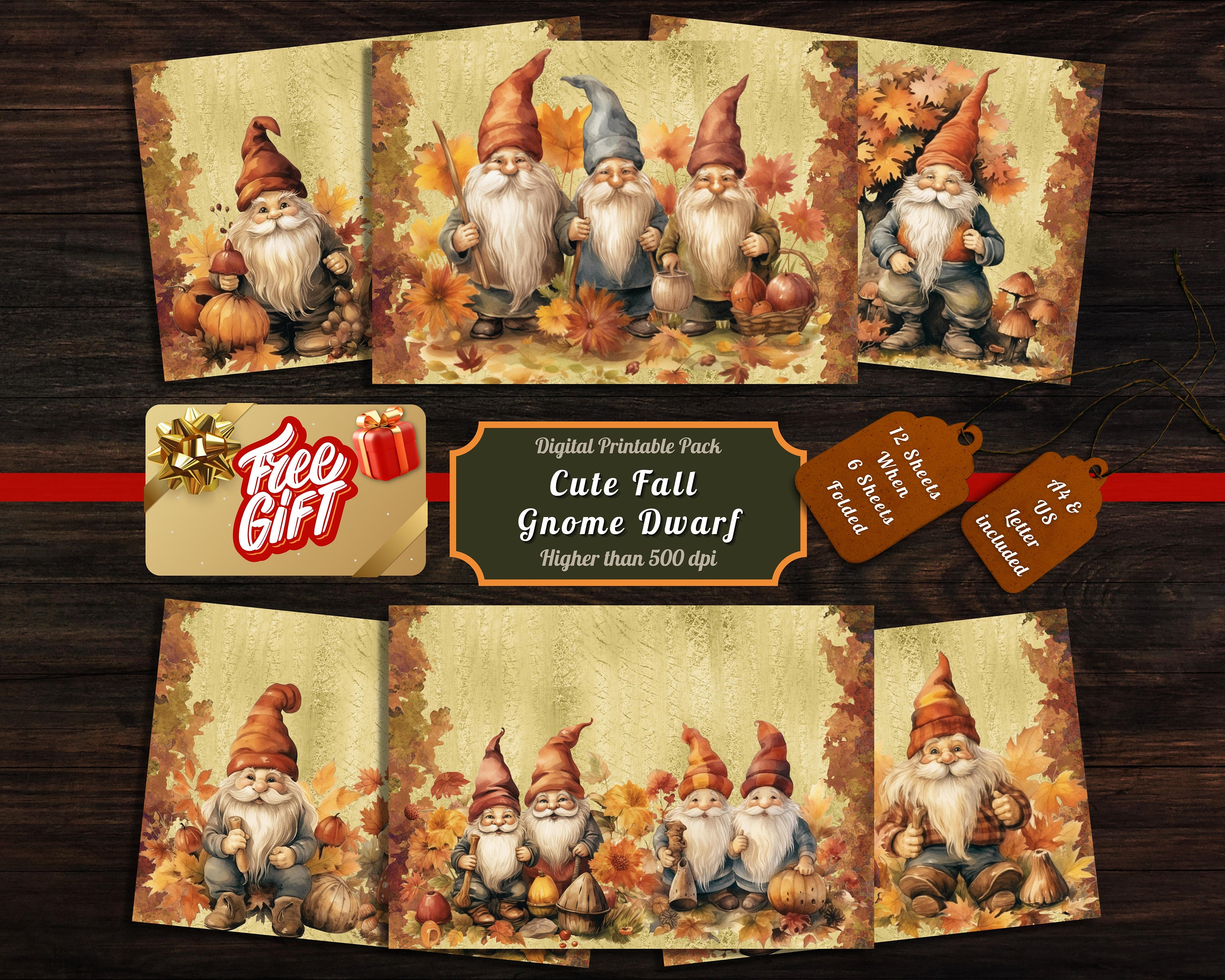 Printable Cute Fall Gnome Dwarf Digital Papers Autumn Garden - Etsy