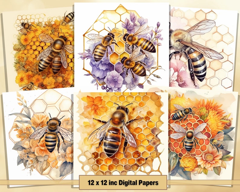 Printable Floral Honey Bee Digital Papers, Beehive Pages, Bee ...