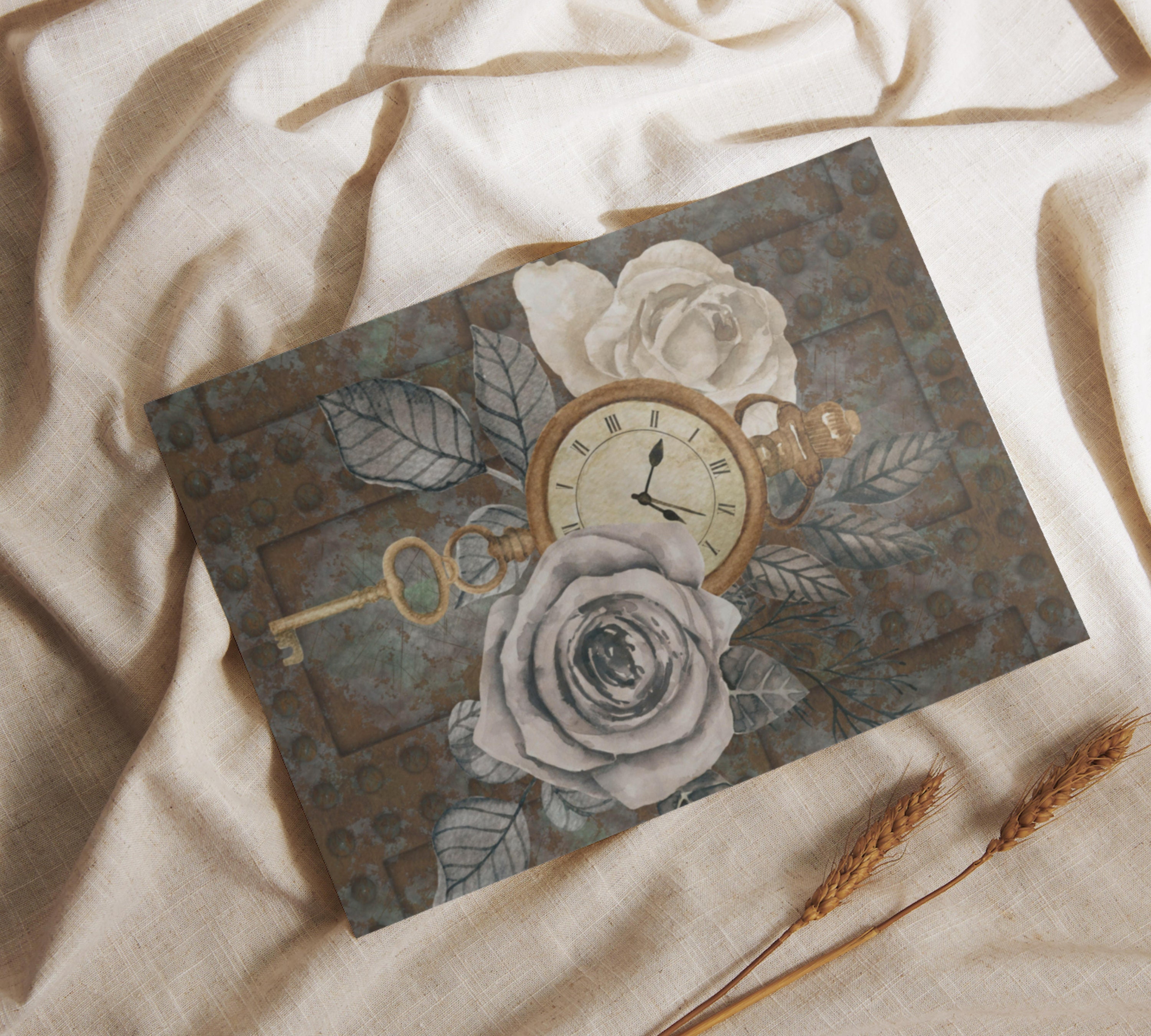 Printable Steampunk Flower Digital Paper, Floral Grunge Ephemera ...