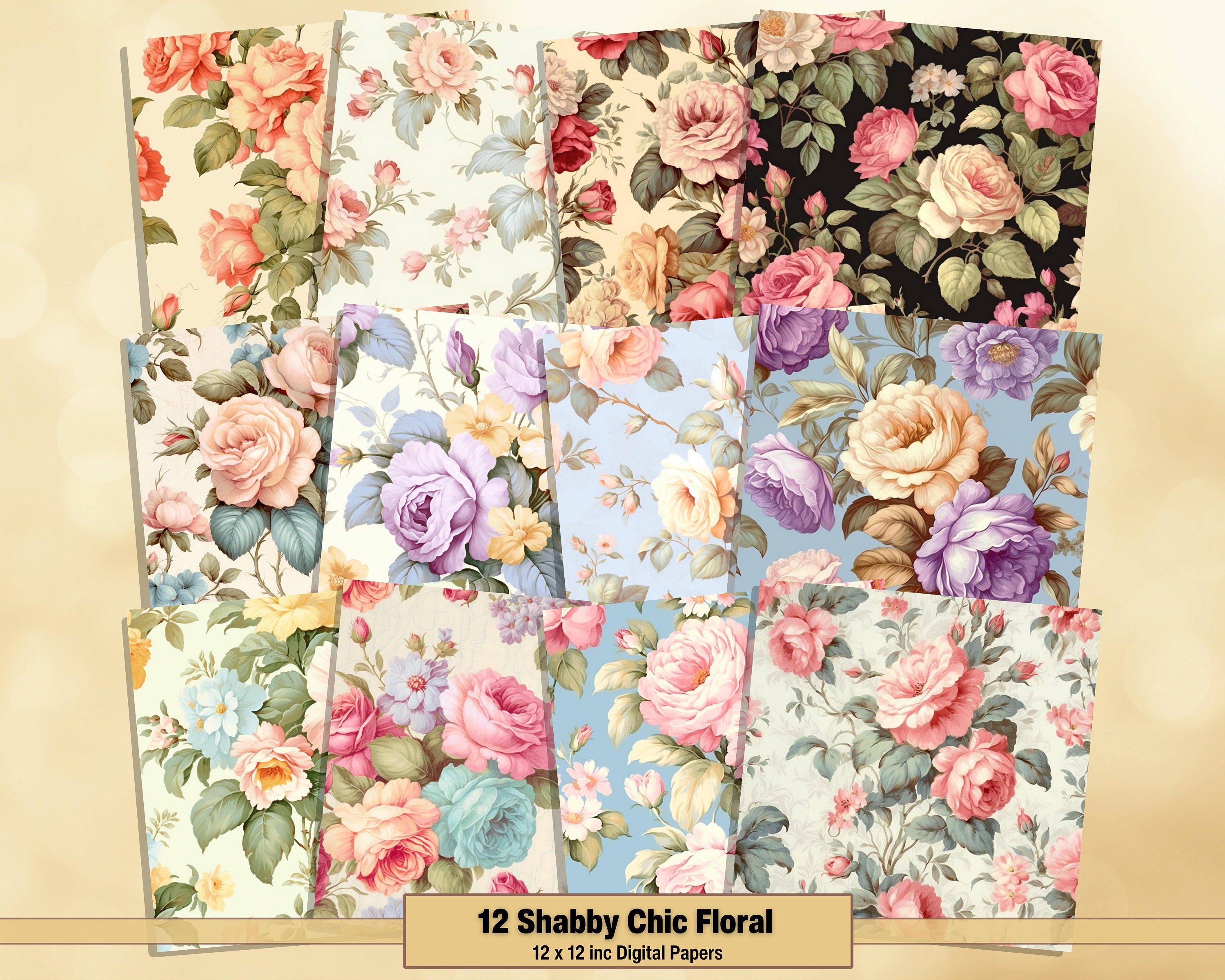 Printable Shabby Chic Floral Digital Papers, Flowers Pages, Vintage ...