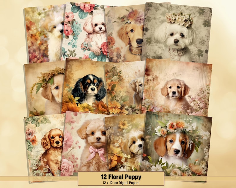 Printable Cute Puppy Digital Papers, Floral Puppy Pages, Cute Dog ...