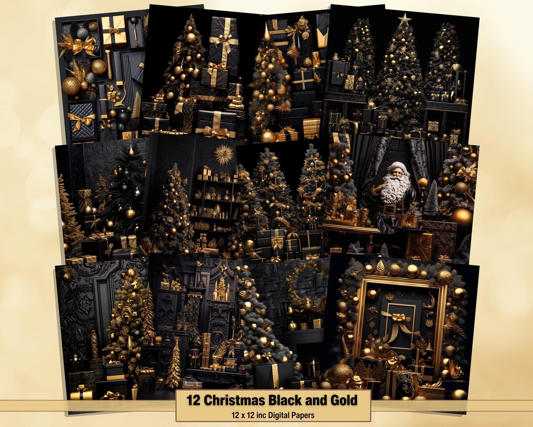 Printable Christmas Black & Gold Digital Papers, Holiday Glam Pages ...