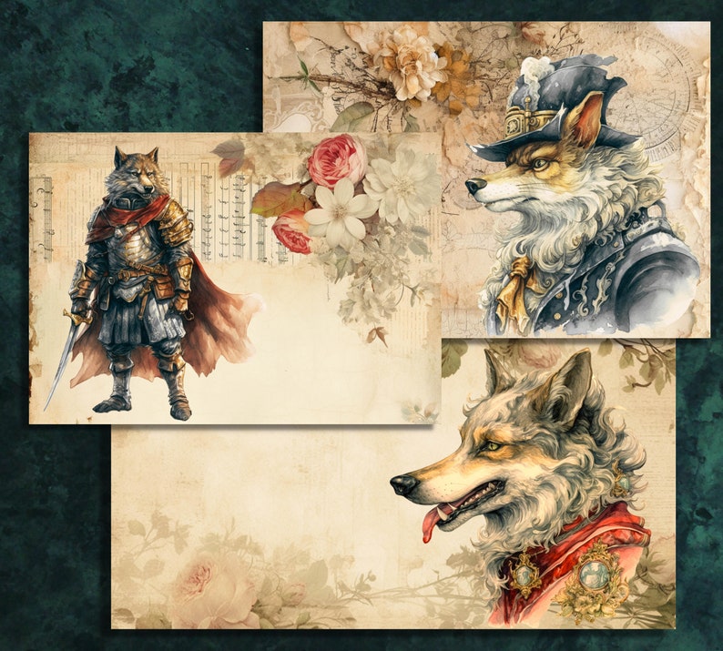 Printable Wolf Watercolour Digital Paper, Dressed Animals Ephemera ...