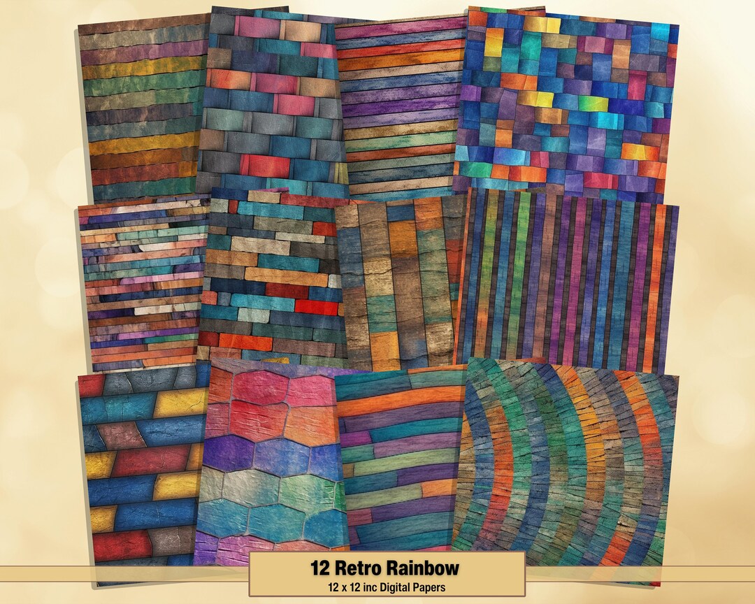 Printable Retro Rainbow Digital Papers, Grunge Pages, Retro Patterns ...