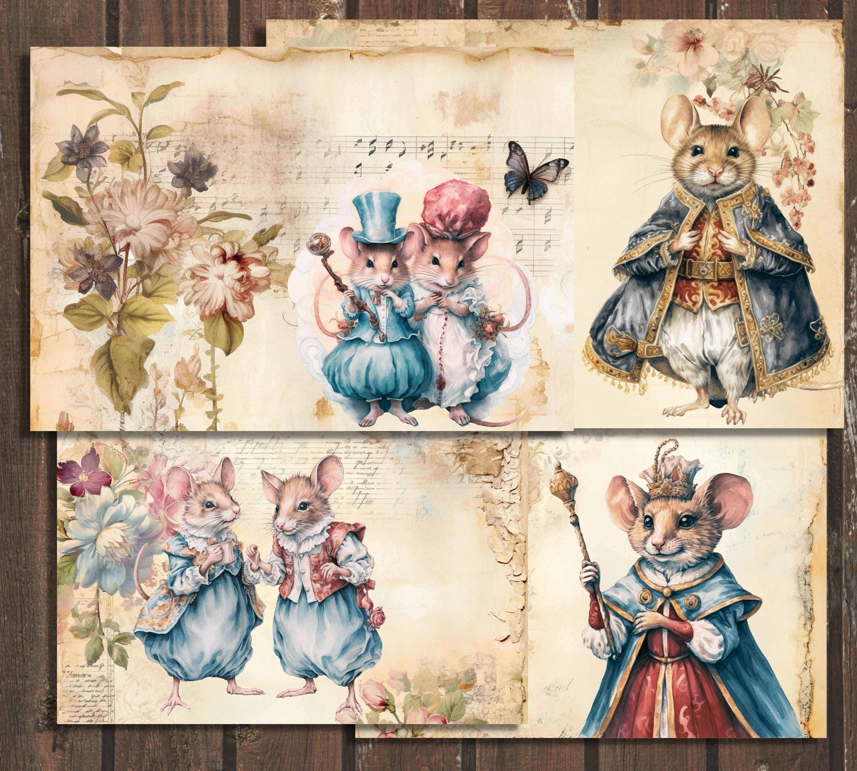 Printable Mouse Watercolour Digital Paper, Dressed Animals Ephemera ...