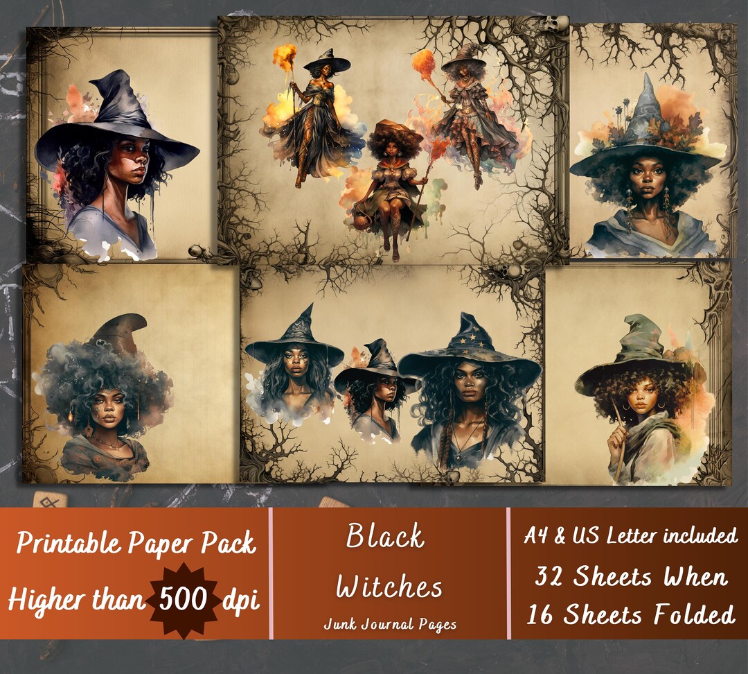 Printable Black Witch Digital Paper, Spooky Season Ephemera, Witchcraft ...