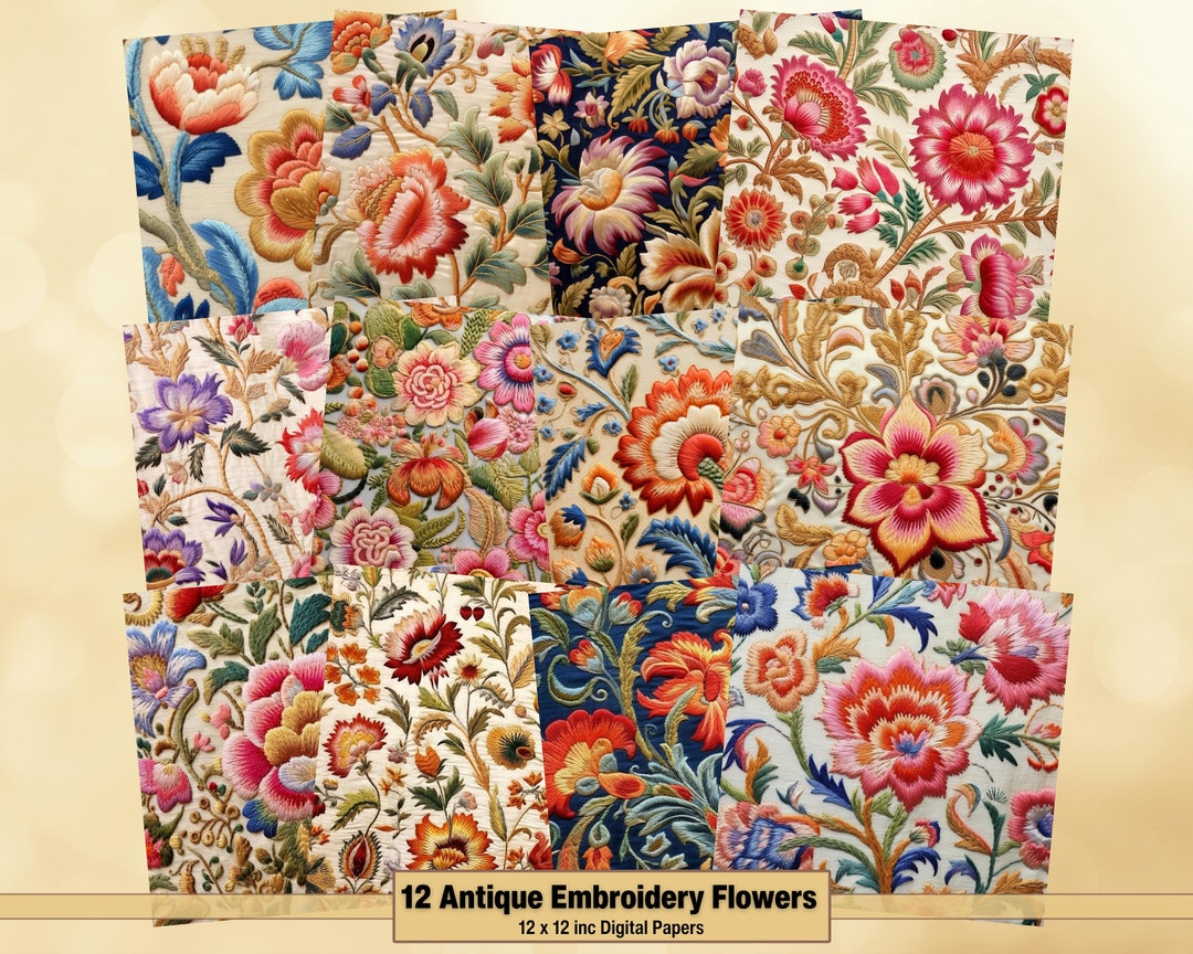 Printable Embroidery Flowers Digital Paper, Antique Pages, Vintage ...