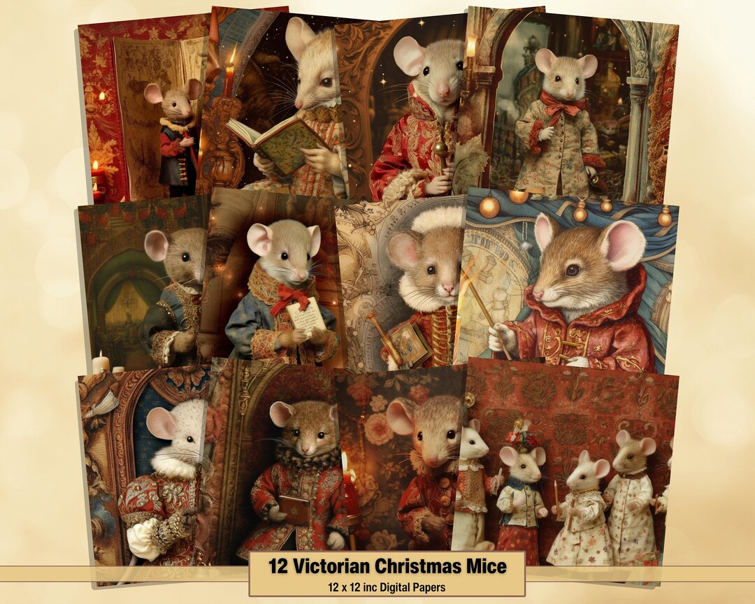 Printable Victorian Christmas Mice Digital Papers, Xmas Mouse Pages ...