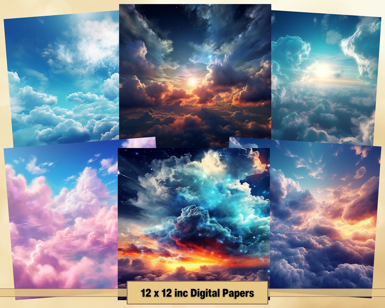 Printable Fantasy Clouds Digital Papers, Cloudy Sky Page, Background ...