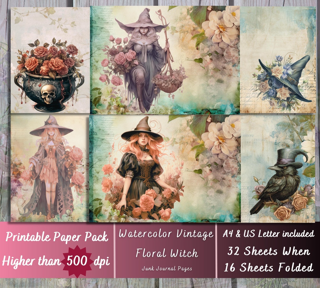 Printable Vintage Floral Witch Digital Paper, Witches Ephemera, Flower ...