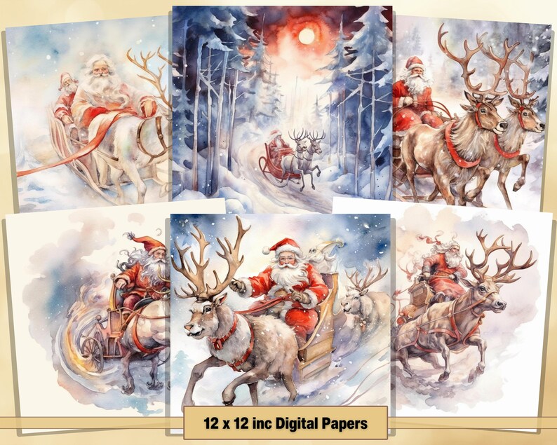 Printable Watercolor Santa Reindeer Sleigh Digital Papers - Etsy