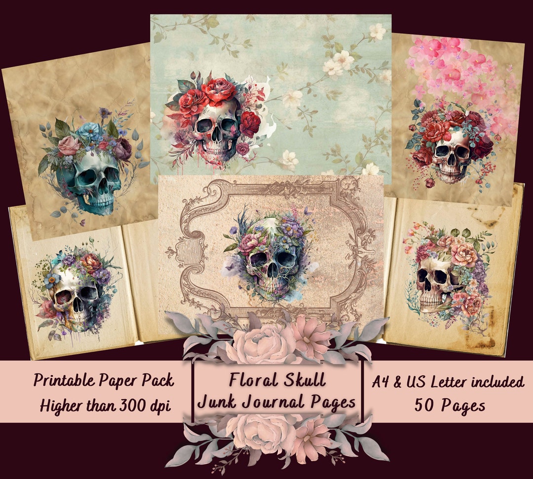 Printable Floral Skull Digital Paper, Romantic Skulls Ephemera, Vintage ...