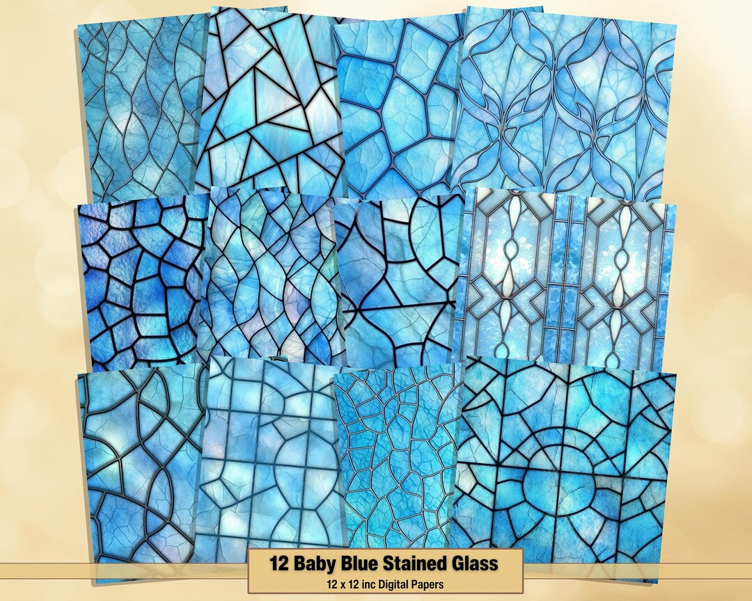 Printable Baby Blue Stained Glass Digital Papers, Blue Shimmer Pages ...