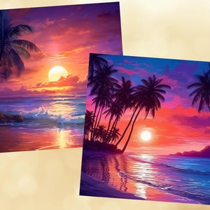 Printable Sunset Beach Digital Papers, Summer Beach Pages, Ocean Palm ...