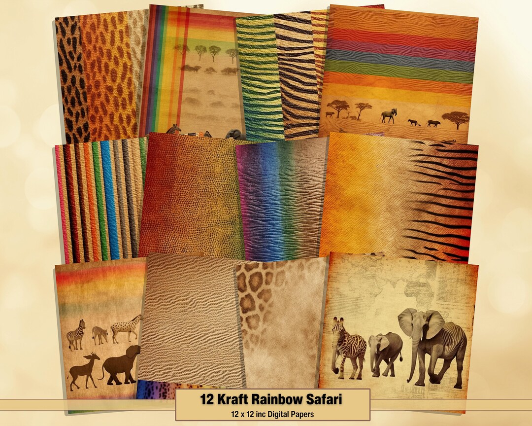 Printable Kraft Rainbow Safari Digital Papers, African Animals Pages ...