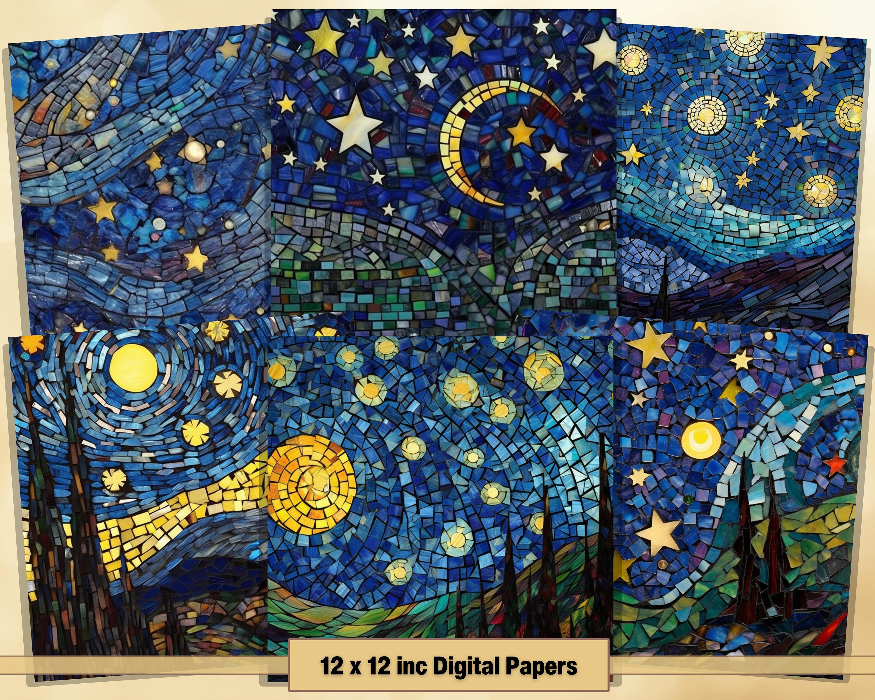 Printable Starry Night Mosaic Digital Papers, Stained Glass Pages ...