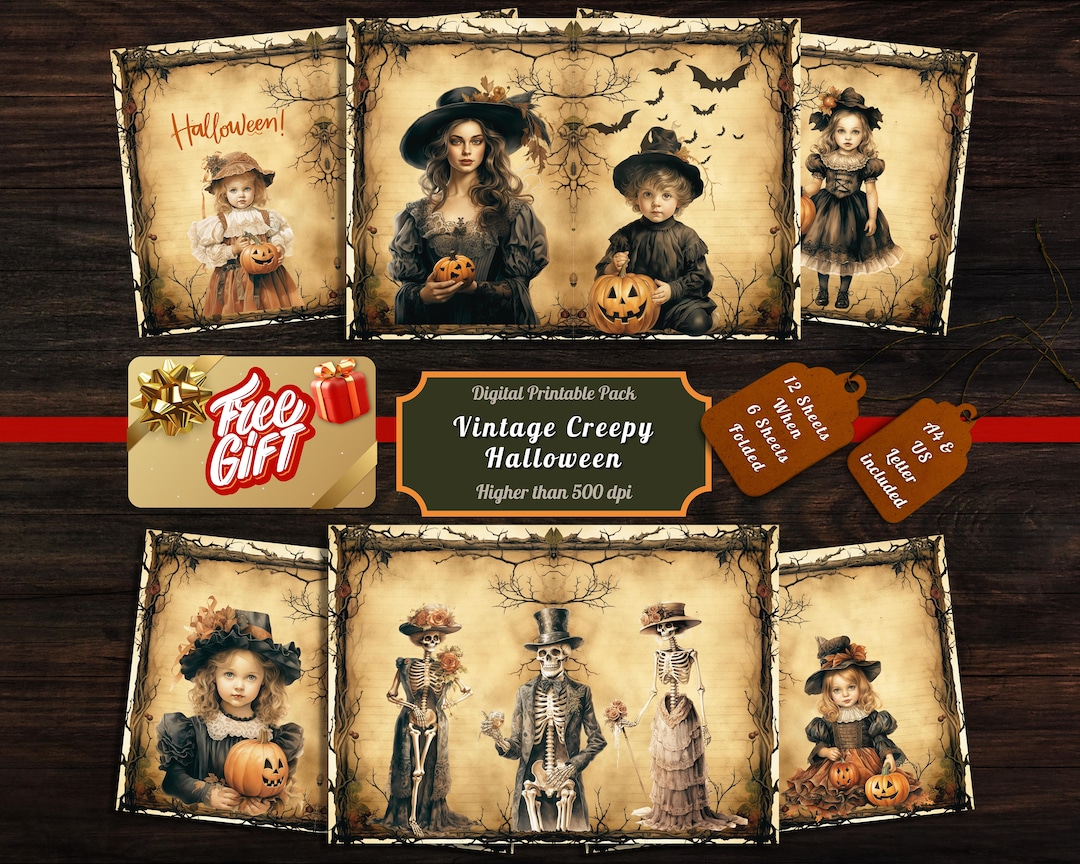 Printable Vintage Creepy Halloween Digital Papers, Retro Gothic ...