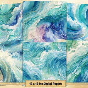 Printable Watercolor Ocean Waves Digital Papers, Blue Abstract Pages ...