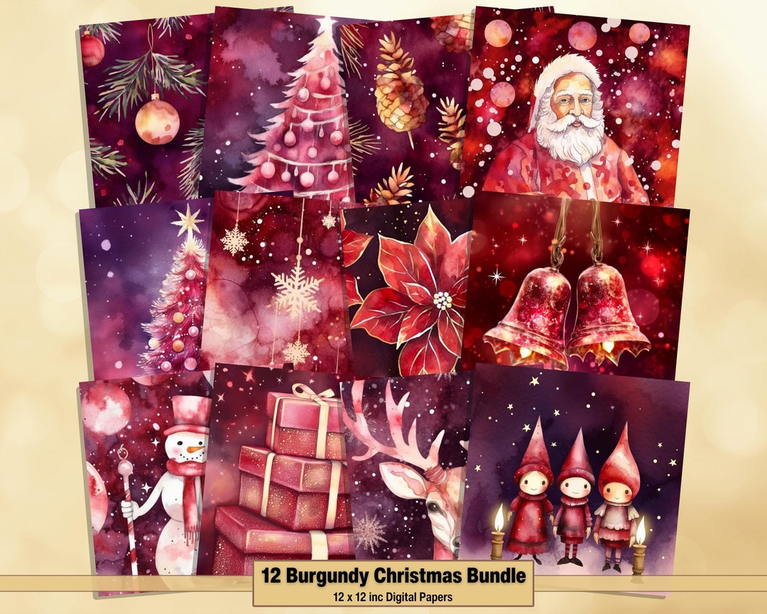 Printable Burgundy Christmas Bundle Digital Papers, Burgundy Pages ...