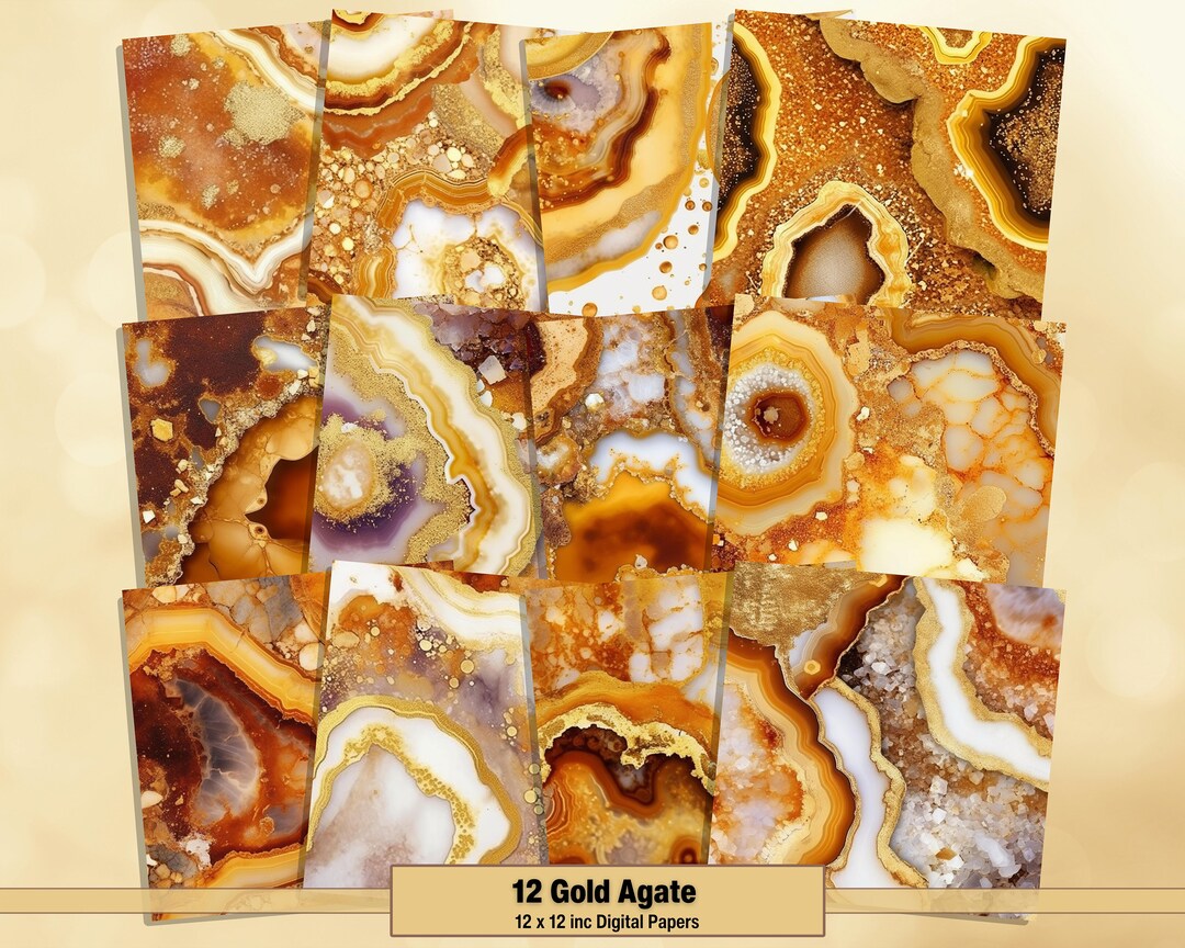 Printable Gold Agate Digital Papers, Gold Marble Agate Pages, Stone ...