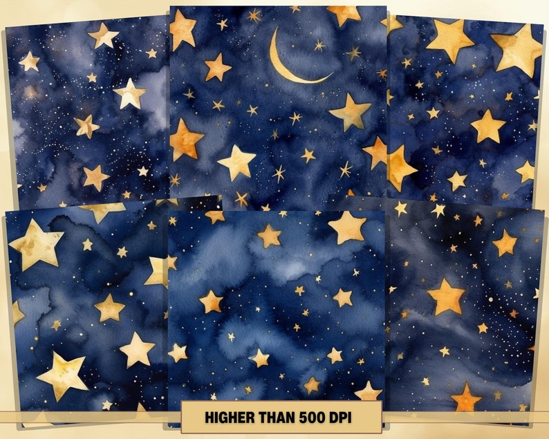 Printable Watercolor Starry Night Digital Papers, Celestial Pages ...