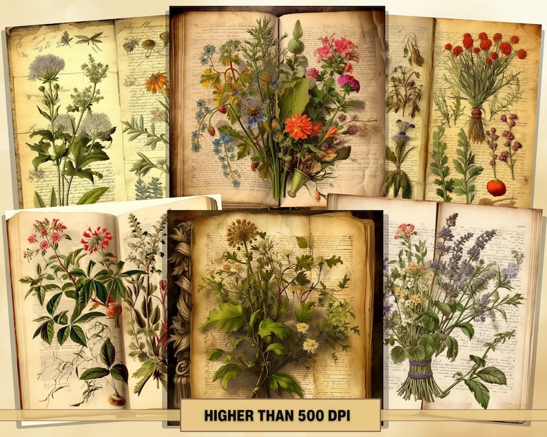 Printable Book of Herbs Digital Paper, Botanical Pages, Plant ...