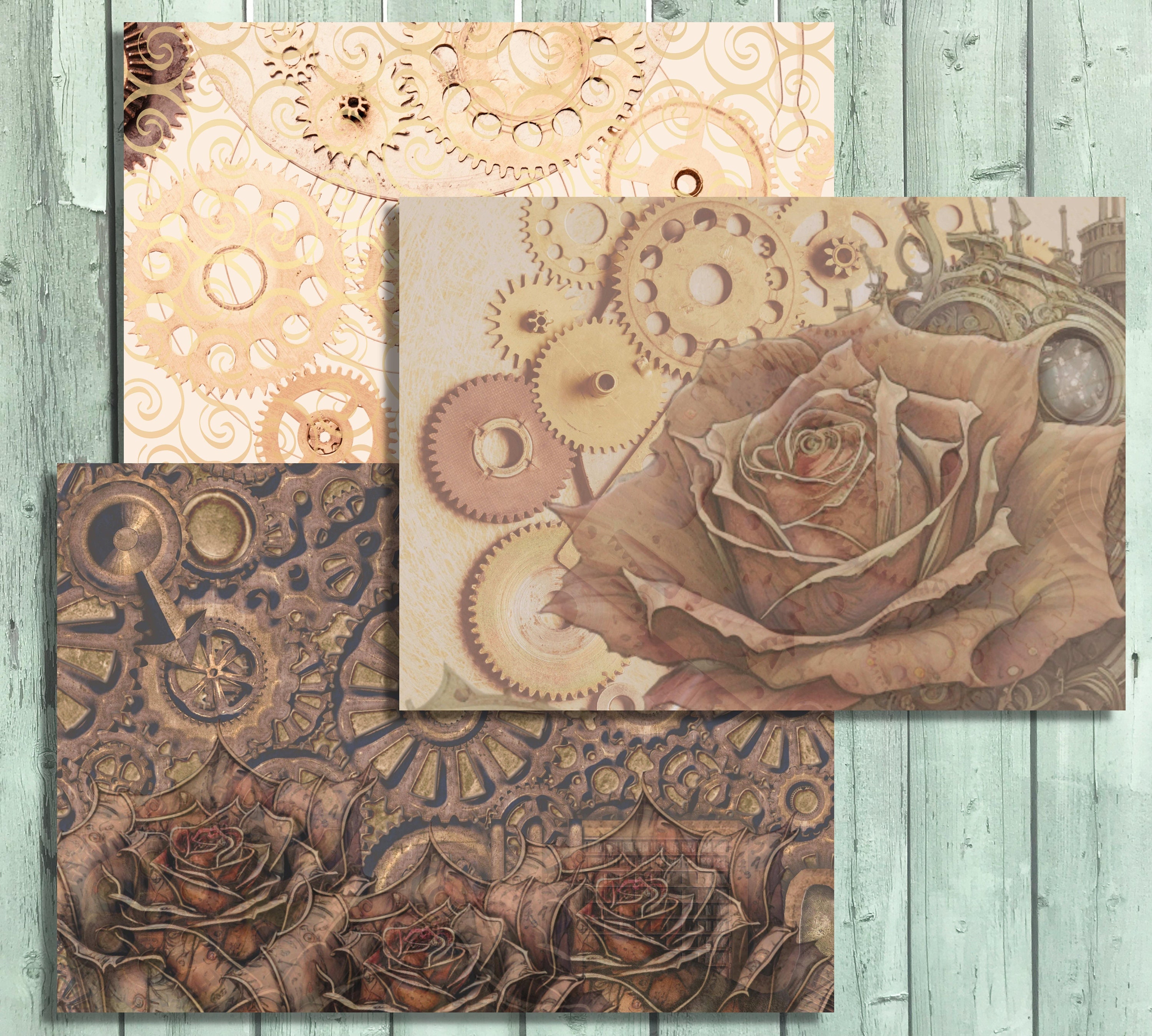Printable Steampunk Flower Digital Paper, Floral Grunge Ephemera ...