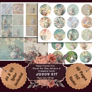 Printable Floral Tea Time Digital Papers Mega Bundle, Fussy Cuts Kit ...