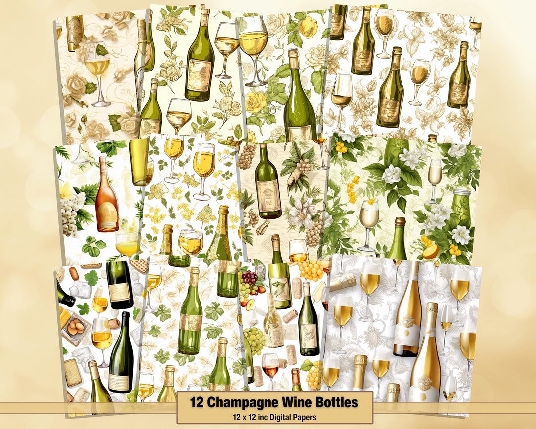 Printable Champagne Wine Bottles Digital Papers, French Pattern Page ...