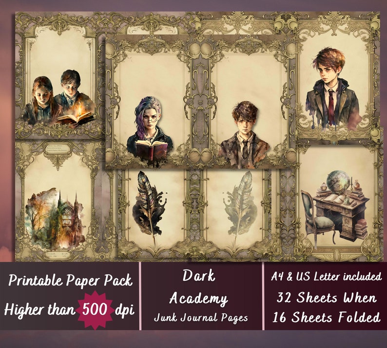 Printable Dark Academia Digital Paper, Wizard Ephemera, Gothic School ...