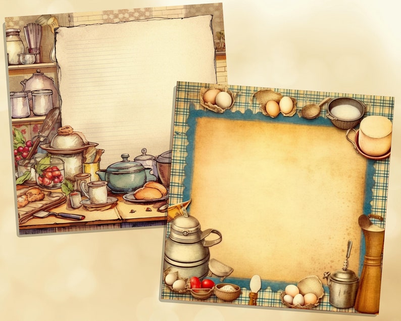 Printable Vintage Cooking Kitchen Digital Paper, Cookbook Pages ...