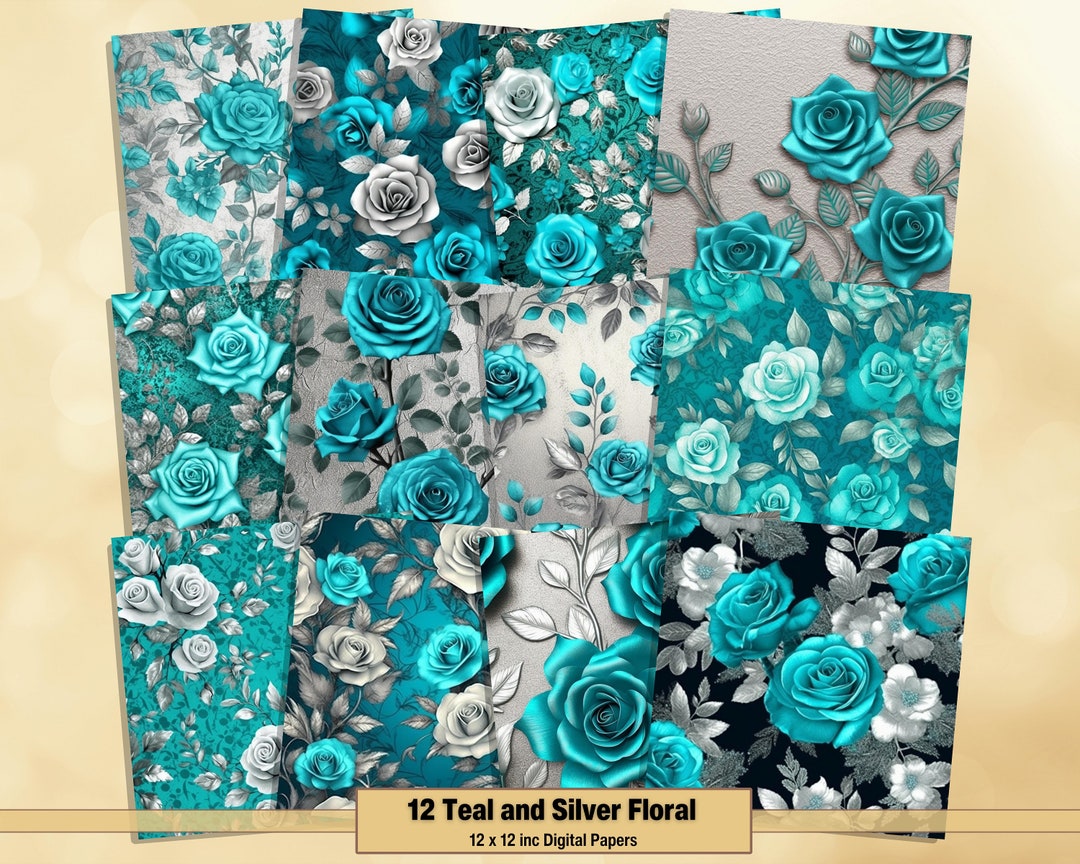 Printable Teal and Silver Floral Digital Papers, Turquoise Rose Page ...