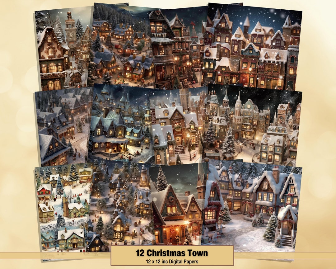 Printable Christmas Town Digital Paper, Winter Pages, Festive Village ...