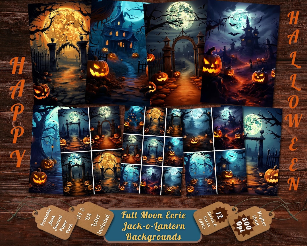 Printable Full Moon Halloween Digital Paper, Halloween Pumpkin Ephemera ...