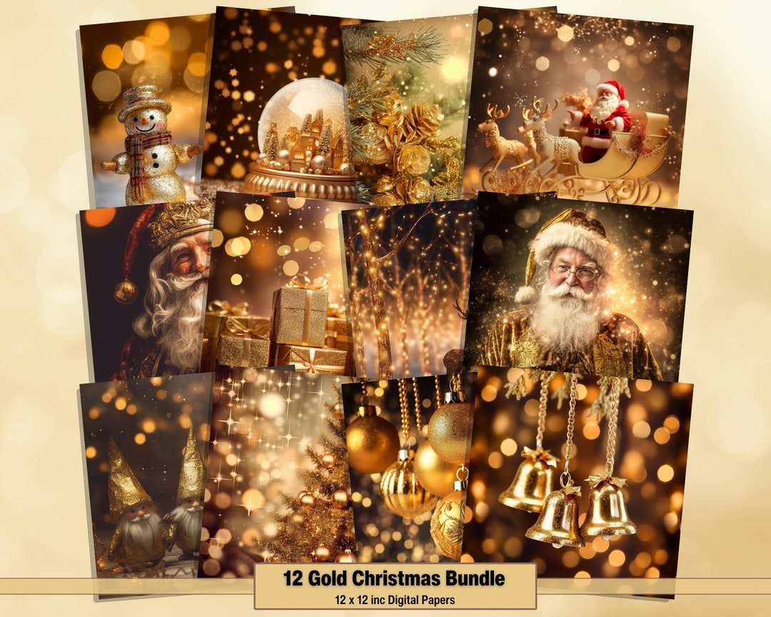 Printable Gold Christmas Bundle Digital Papers, Xmas Gold Pages, Noel ...