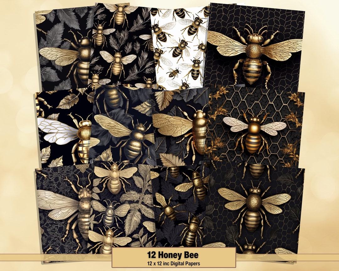 Printable Black and Gold Bee Digital Papers, Honey Bee Pages, Bees ...